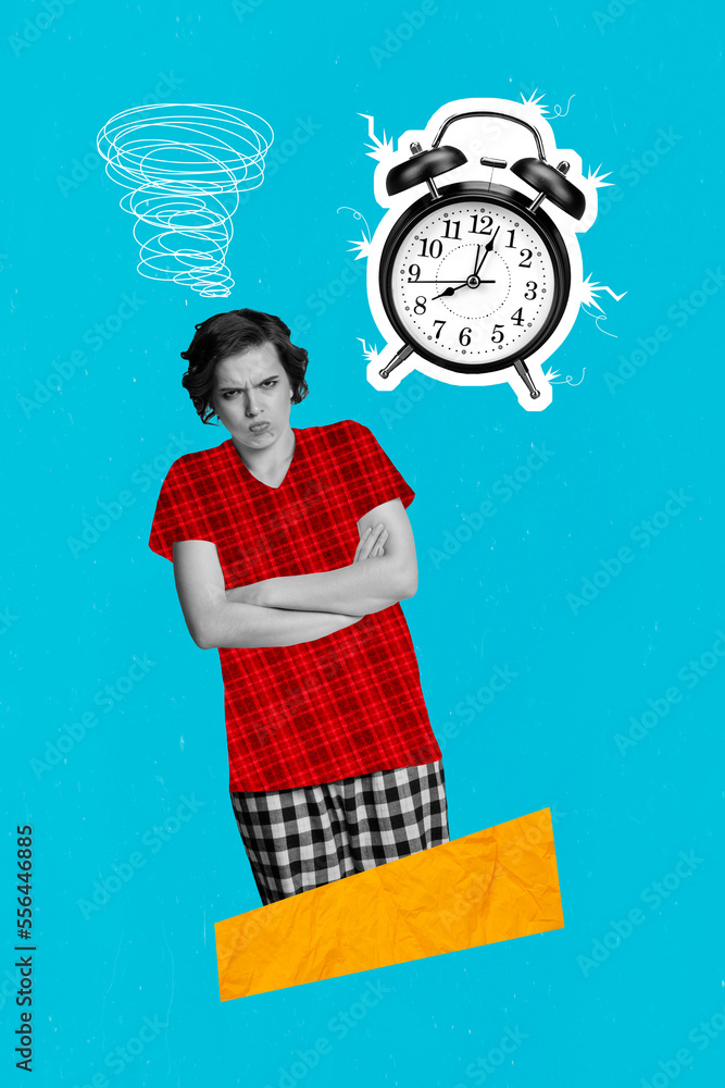 Vertical collage photo of young angry dissatisfied woman folded arms ...