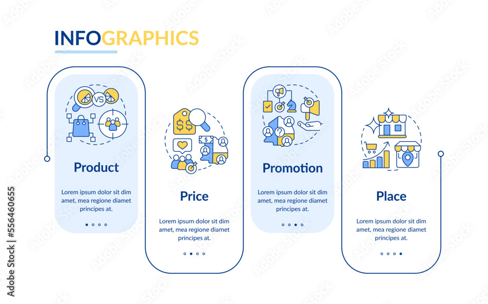 Four P marketing mix blue rectangle infographic template. Data ...