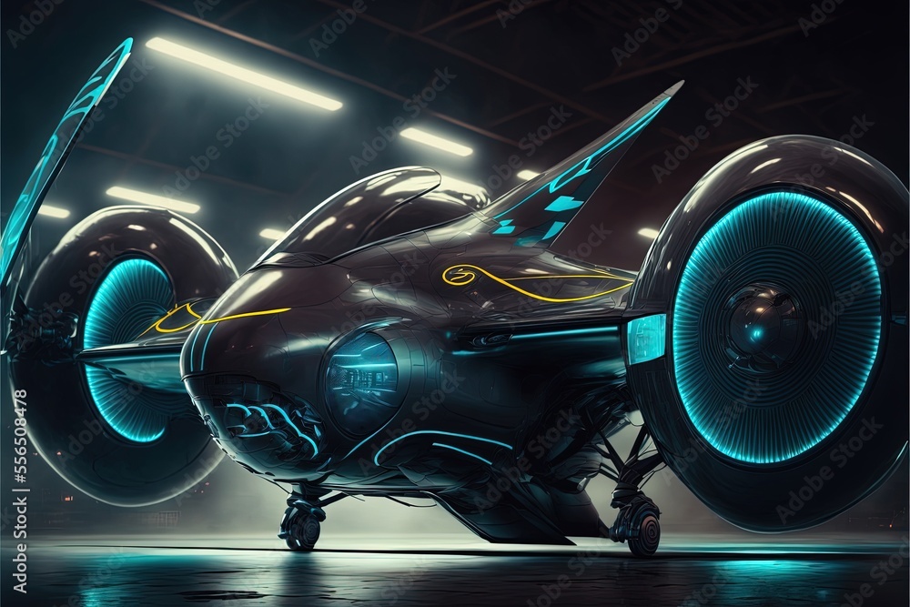 The ultimate futuristic spacecraft inside a hangar with holographic LED ...