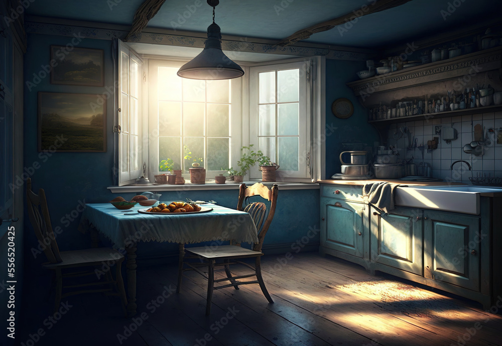 beautiful Blue kitchen Generative Ai Stock Illustration | Adobe Stock