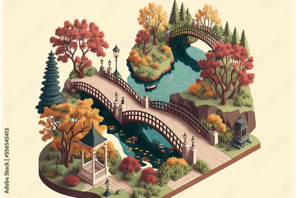 Park in cross section with a river, bridges, seats, and lanterns; 3D ...