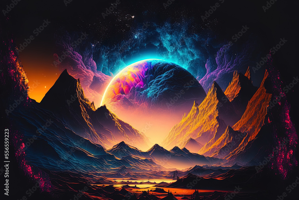 Abstract neon space landscape dream. Month and moon, mountains, fog ...
