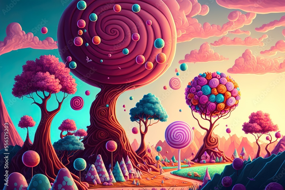Cartoon artwork of a candy world with an otherworldly forest of candy ...