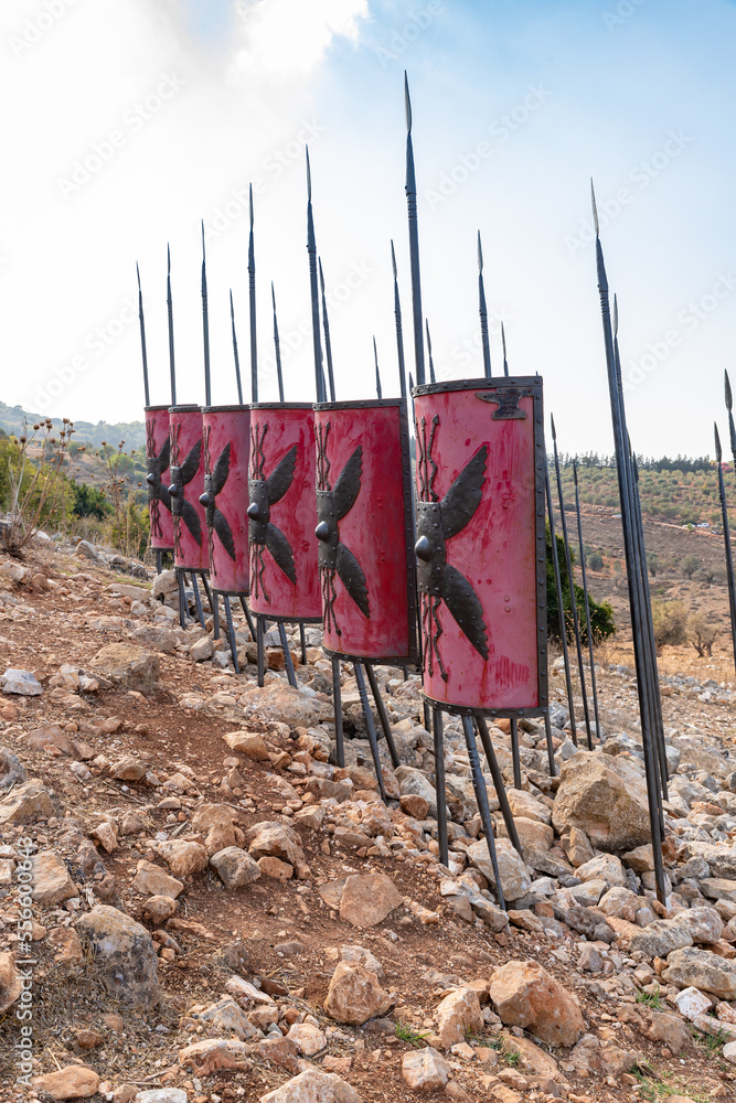 Replicas of Roman battle shields and spears at place where Roman battle ...