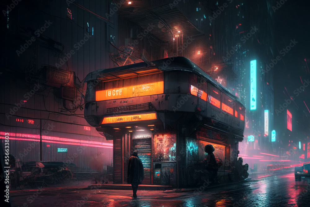Cyberpunk streets illustration, futuristic city at night, wallpaper. Rainy and foggy, moody ...