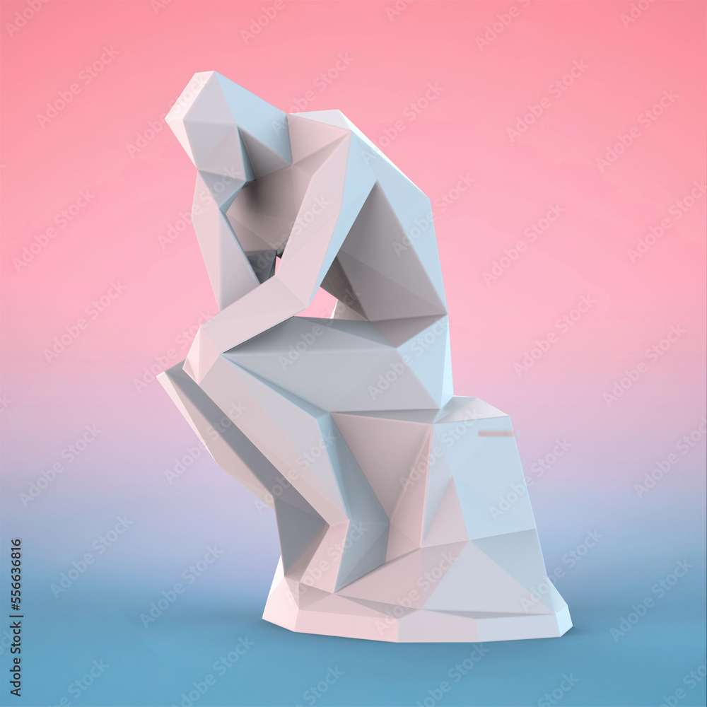 Thinker man 3D illustration low poly style. The Thinker Statue by the ...