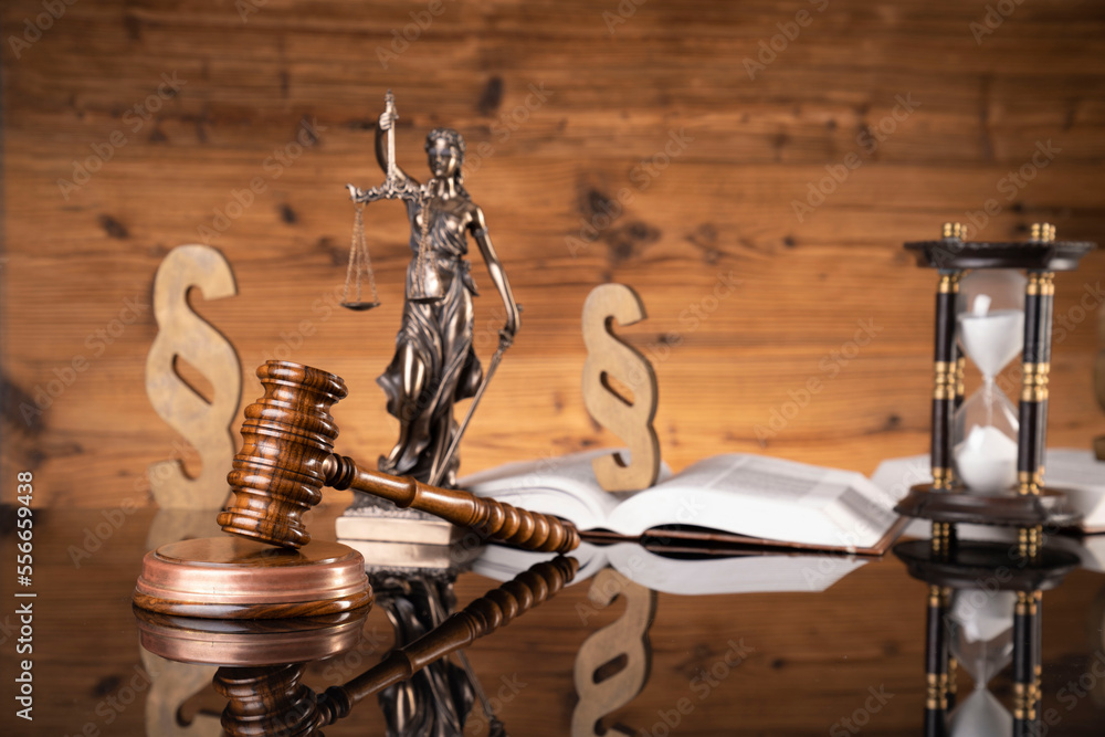 Law symbols composition. Gavel, scale, legal code and Themis sculpture ...