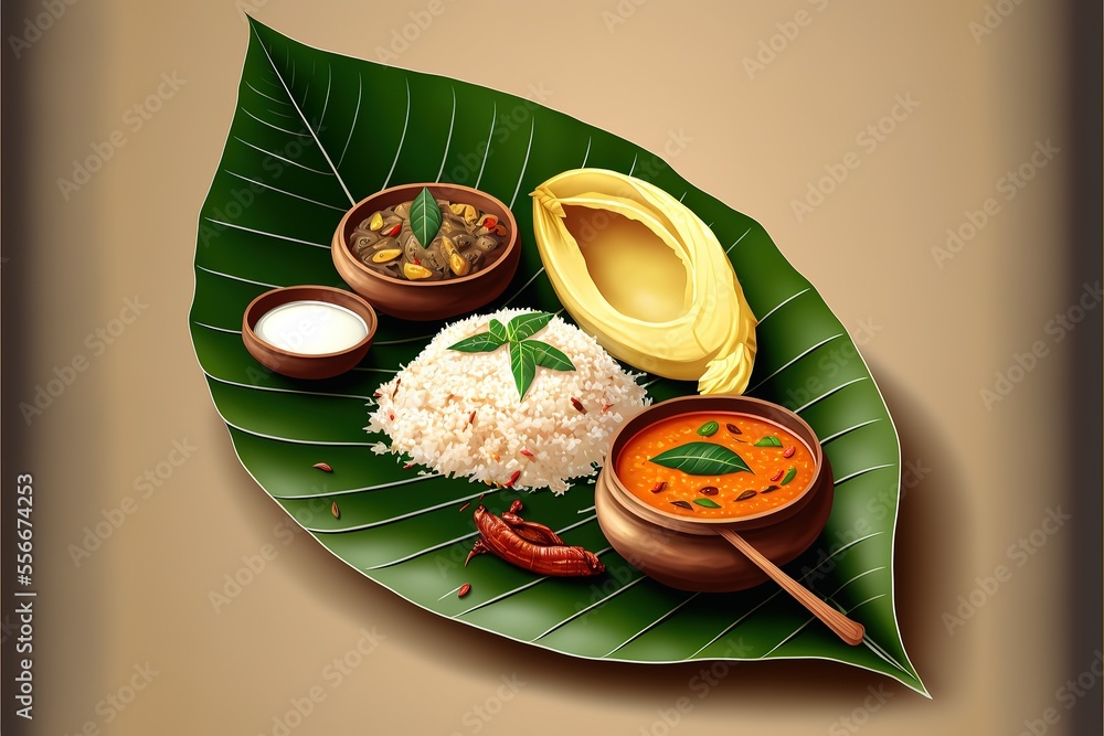 Kerala sadya traditional food served on banana leaf with rice sambar ...