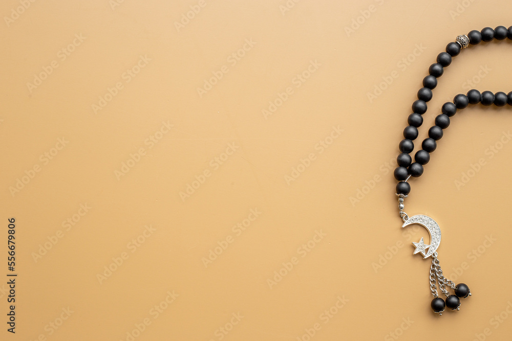 Islamic background with Muslim rosary and silver crescent moon Stock ...
