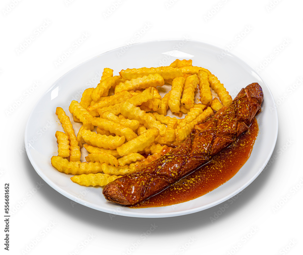 Currywurst mit Pommes Frites auf einem weißen Teller, freigestellt ...