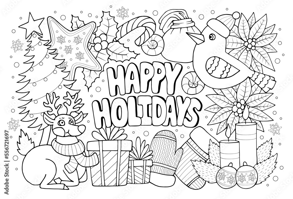 Happy holidays anti stress colouring book page with quote for kids and ...