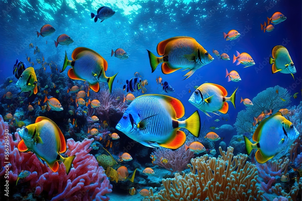 fishes of the tropics in a coral reef environment Generative AI Stock ...