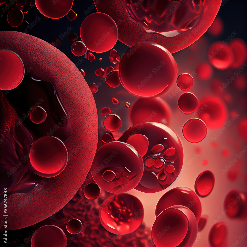 A blood clot and red cells in a vein on a burgundy background ...
