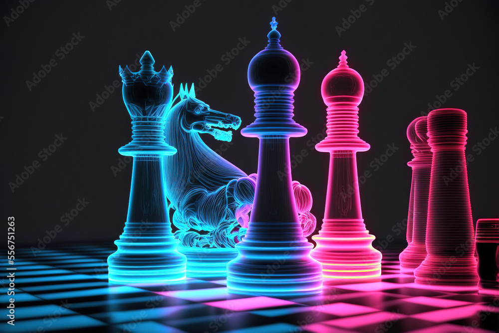 A chess board with pink and blue neon light chess pieces, futuristic chess, generative ai Stock ...