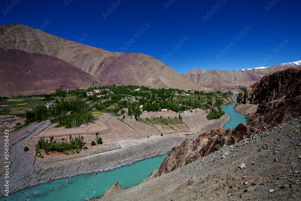 Looking down to the Alchi Monastery above the Indus Valley, through the ...
