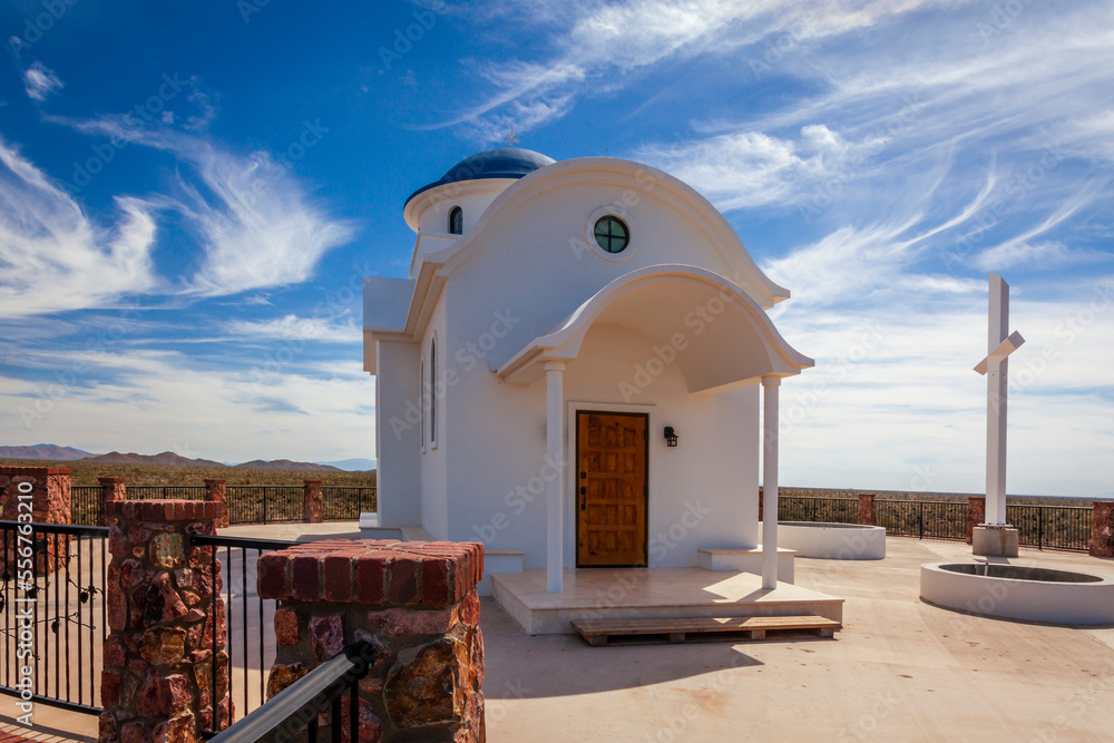 Entrance to the traditional Greek architecture of the hilltop church of ...