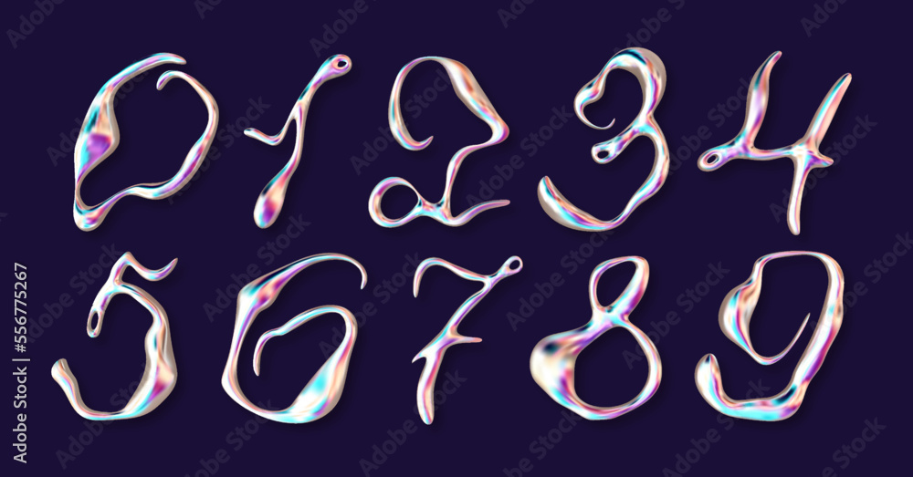 3d liquid molten metallic typography number. Realistic holographic ...