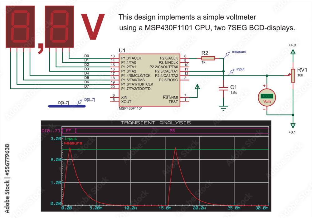 Vector diagram of an electrical schematic of an electronic device. A voltmeter circuit that ...