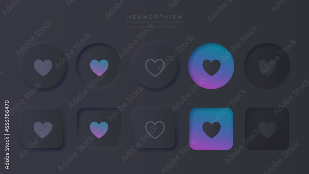 Like button in neumorphism style. Love icon for black ui ux design elements or heart shape in ...