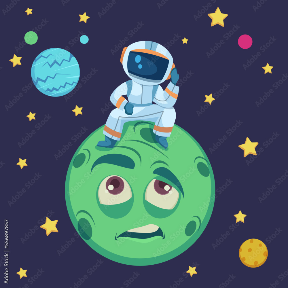 Astronaut sitting on comic green moon vector illustration. Cartoon ...