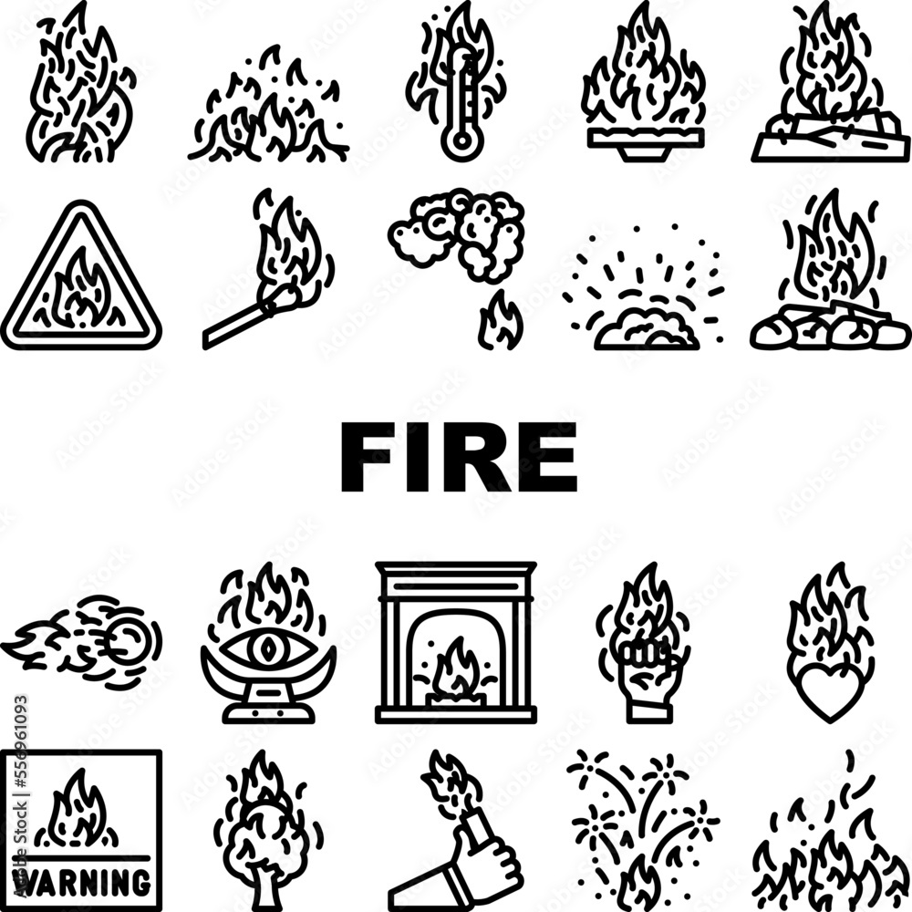 flame hot fire burn bonfire heat icons set vector. red danger, light ...