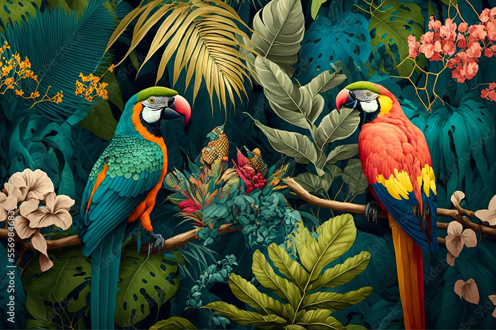 Illustration of a tropical rainforest with parrots. Generative AI ...