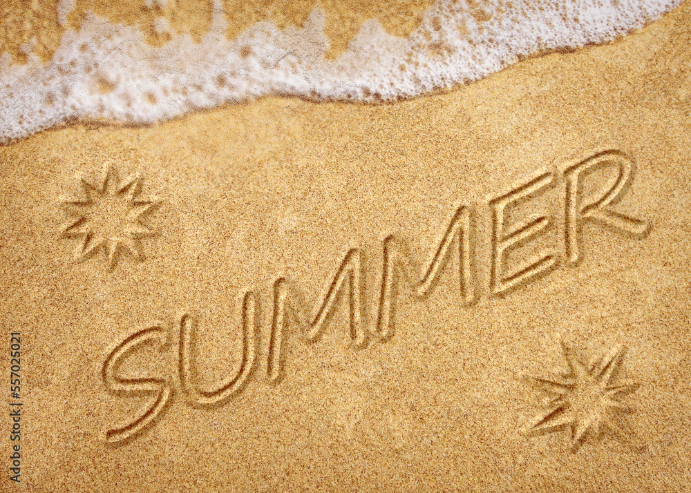 Word summer written on white sand beach. Summer holiday, travel and ...