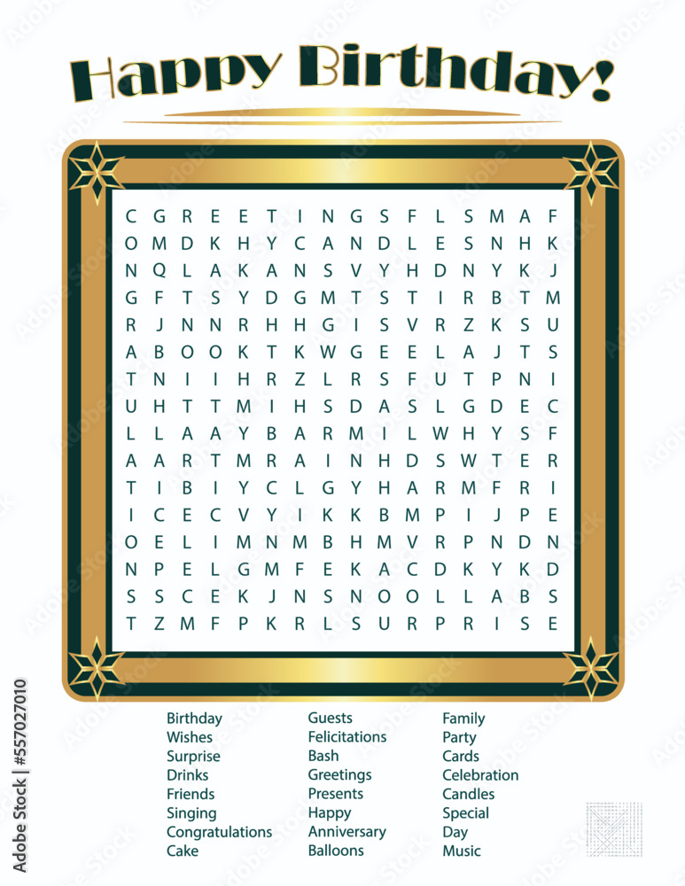 Retro Happy Birthday Word Search Puzzle with Answer Key Stock Vector ...