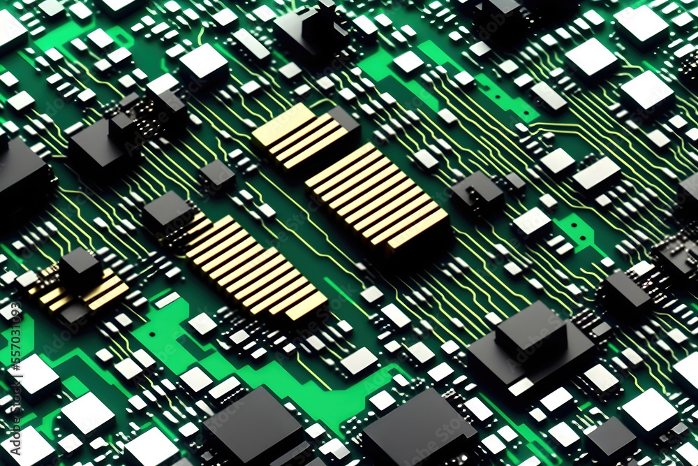 Circuit board semiconductor chip close up. Computer microchip green ...