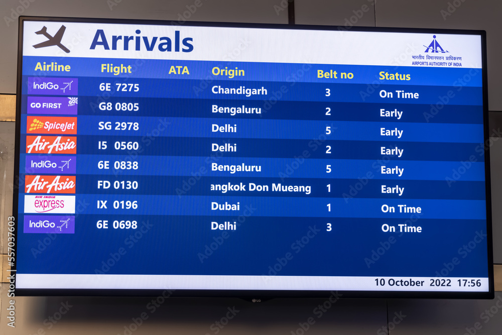 Info display board with arrival flight schedule information of ...