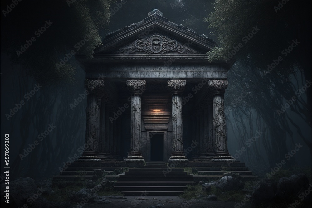 An ancient temple seen in a dark fantasy atmosphere. Stock Illustration ...
