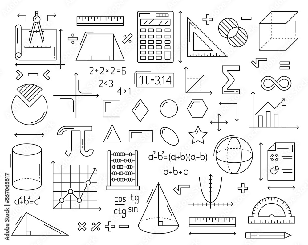 Mathematics icons. Geometry cube, cone and sphere figures, algebra ...