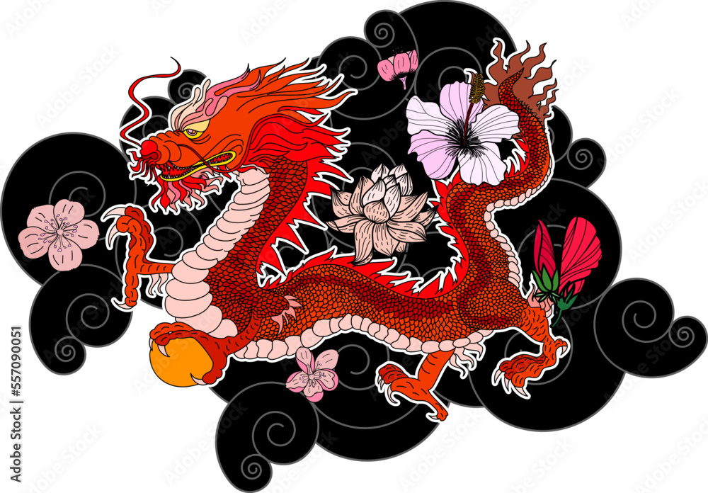 Traditional Japanese dragon with cherry blossom and wave for tattoo ...