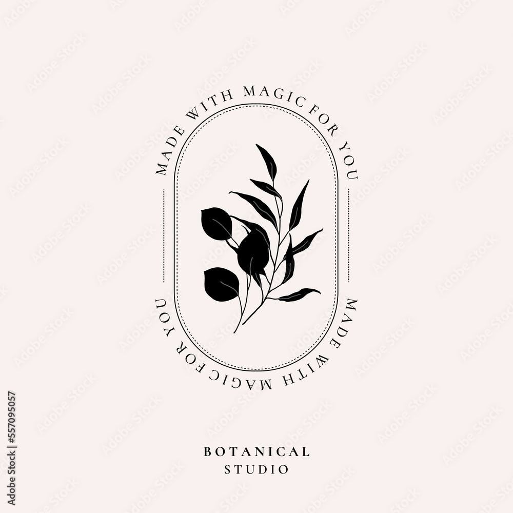 Minimalist floral black silhouette leaves logo template. Botanic hand ...