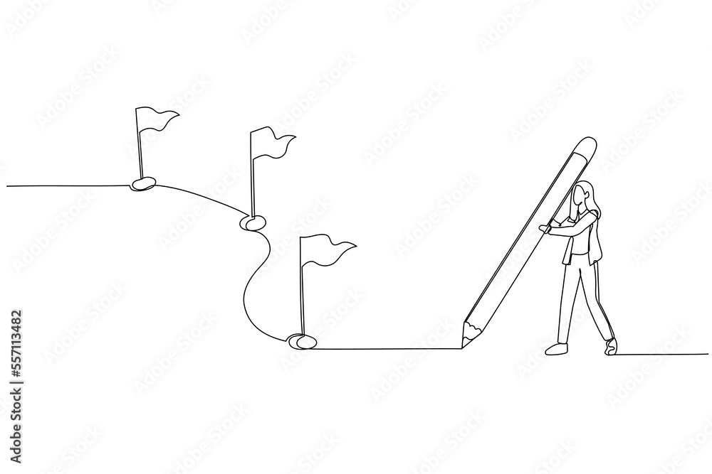 Drawing of businesswoman using pencil draw line with flag as milestones ...