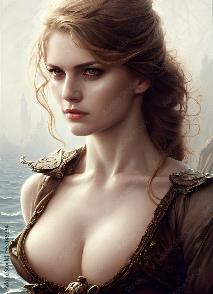 portrait of a busty blonde woman at sea, created with generative ai Stock Illustration | Adobe Stock