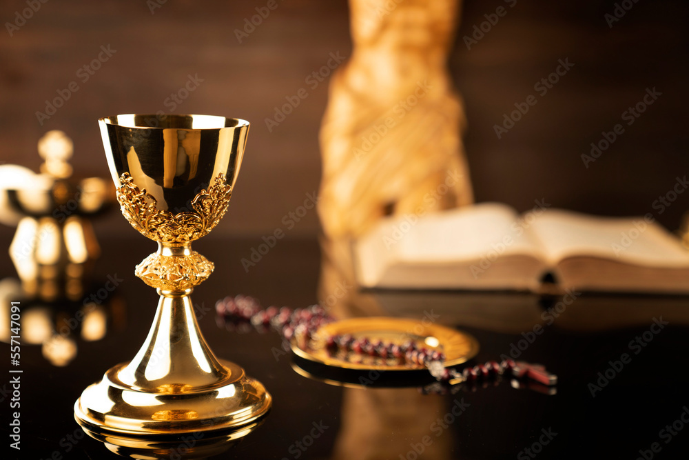 Catholic religion concept. Catholic symbols composition: cruciefied ...