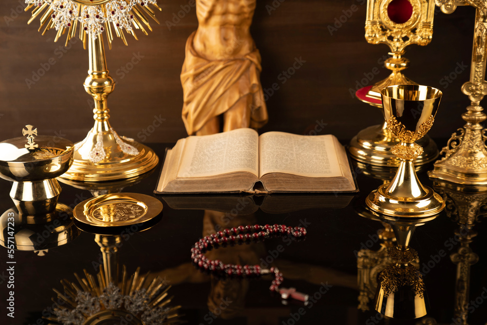 Catholic religion concept. Catholic symbols composition: cruciefied ...