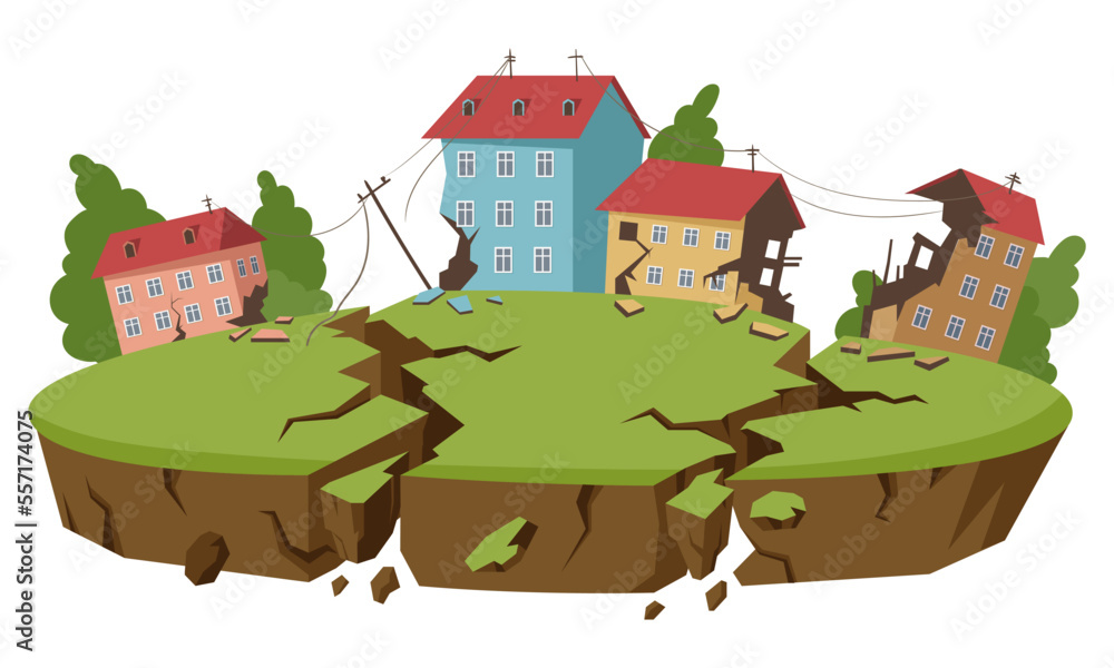 Cartoon earthquake natural disaster. Earth crust break, environment ...