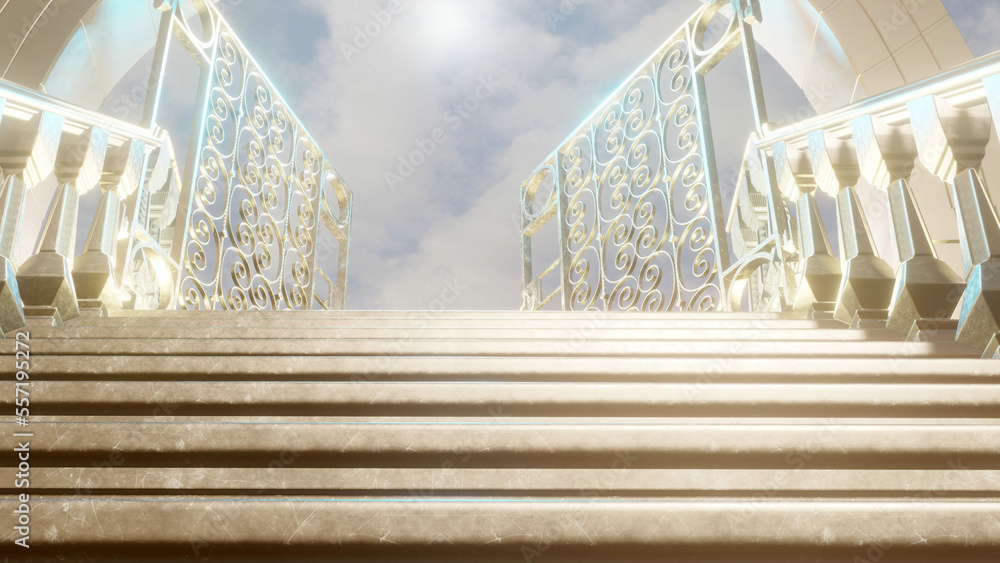 Stairway to Heaven. Golden stairs with Heavens gate. Religious ...