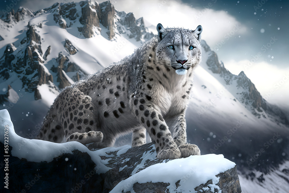 An illustration of a rare snow leopard roaming on Mount Everest at ...