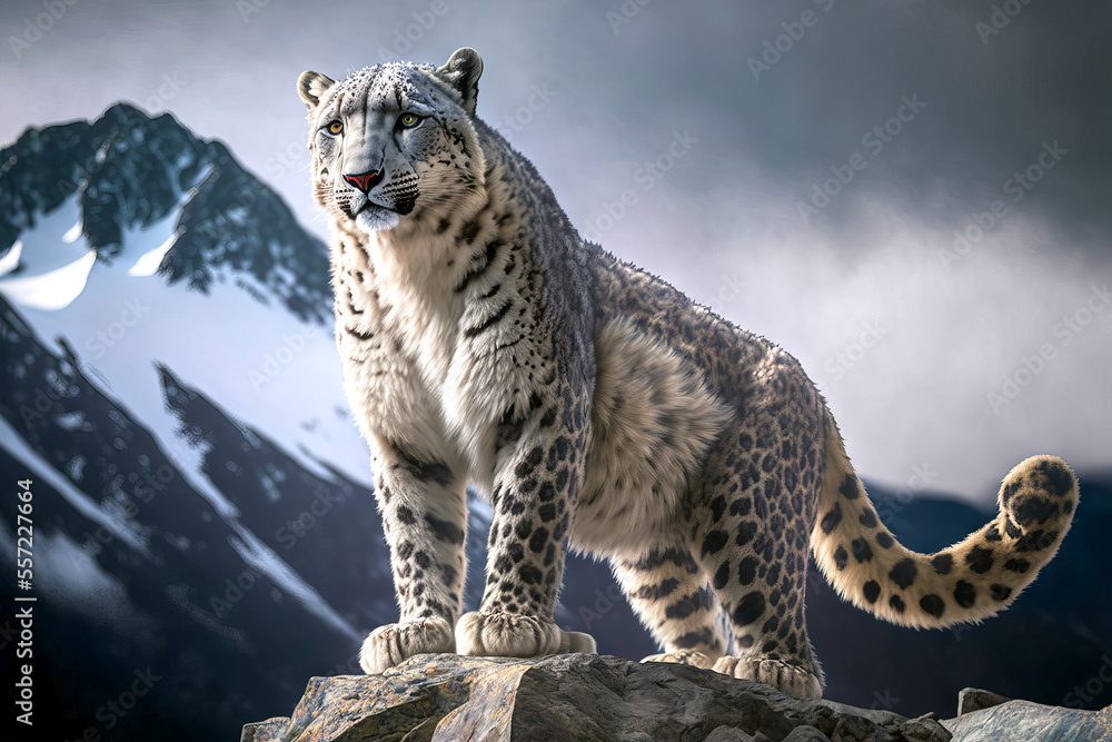An illustration of a rare snow leopard roaming on Mount Everest at ...