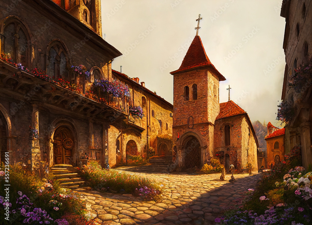 Victorian Cobblestone Street. Facades of houses in colonial ...