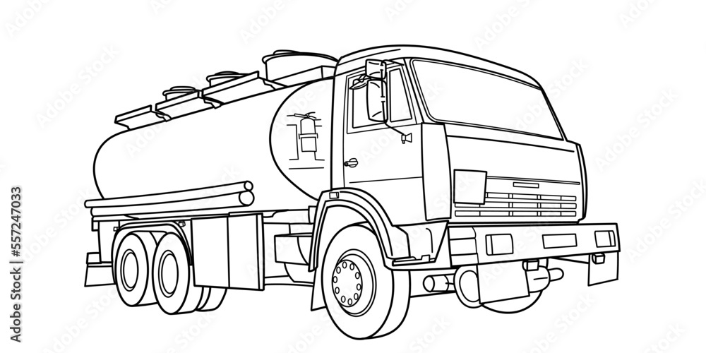 Doodle vector contour, outline tank truck wide angle side and front ...