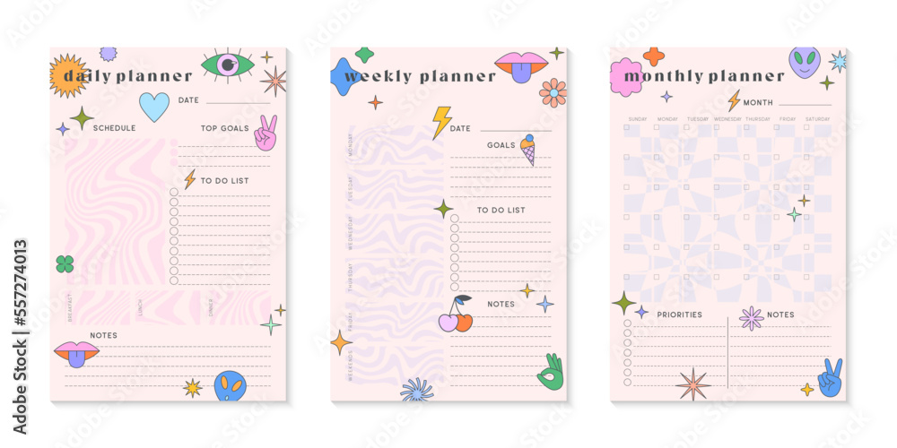 Vector daily,weekly,monthly planners templates with y2k patches,icons ...