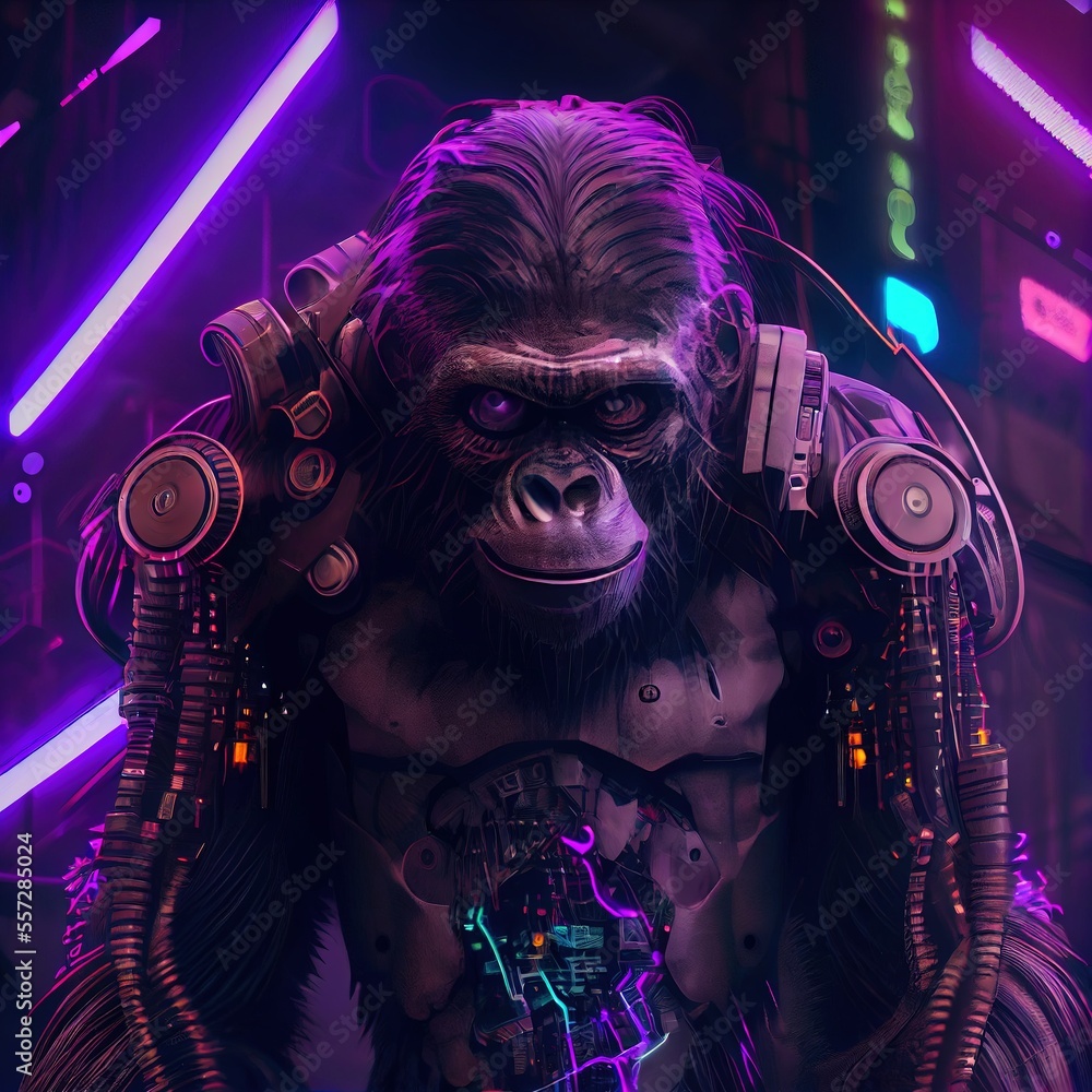 Portrait of a cyberpunk monkey. High-tech futuristic monkey from the ...