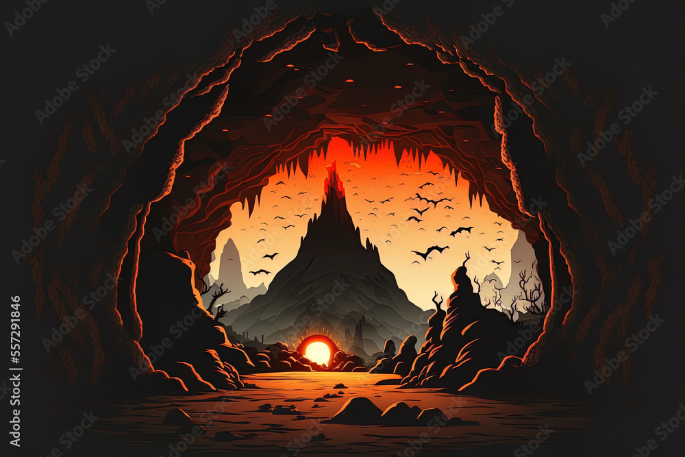 Raster illustration of a stunning cave in the rock that is heated owing ...