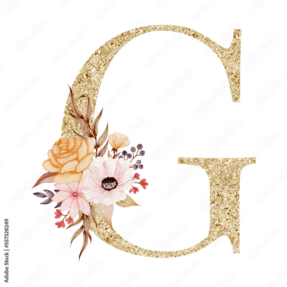 Floral alphabet, gold letter with watercolor flowers and leaf Stock ...