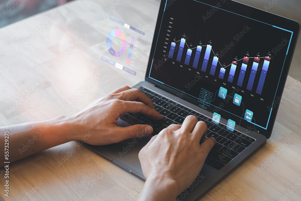 Business man Analytics and Data Management System on computer, make a ...