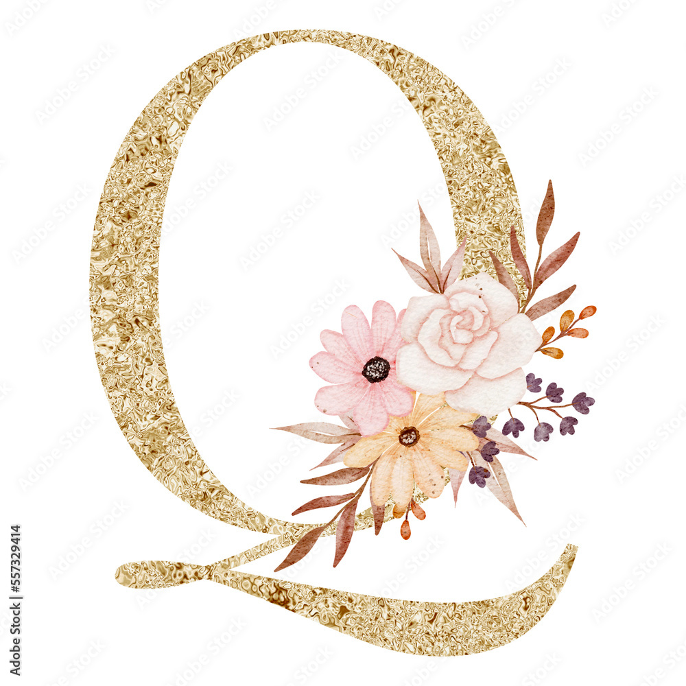 Floral alphabet, gold letter with watercolor flowers and leaf Stock ...
